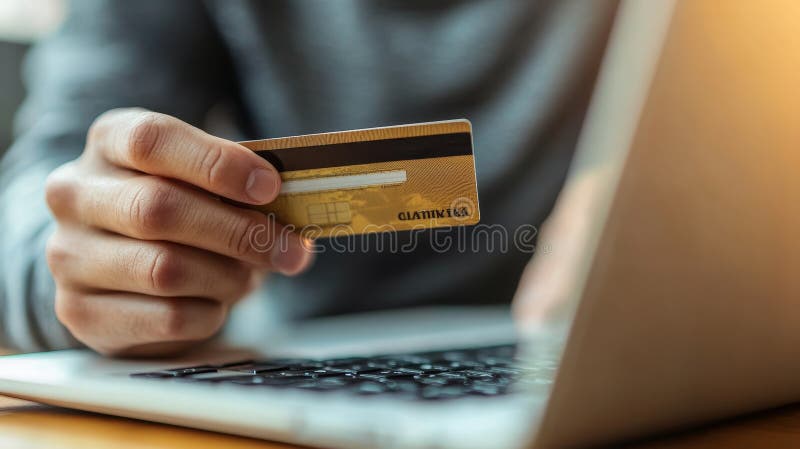 Man Using Credit Card for Online Shopping on Laptop, Secure Payment for ...