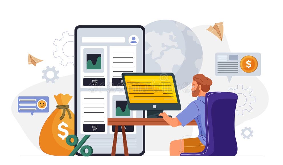 Man Using Desktop for Online Shopping Tasks. Vector Illustration Stock ...