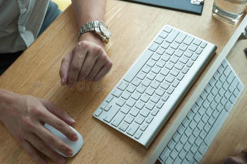 Man Using Desktop Pc Computer, Mobile Office Stock Image - Image of ...