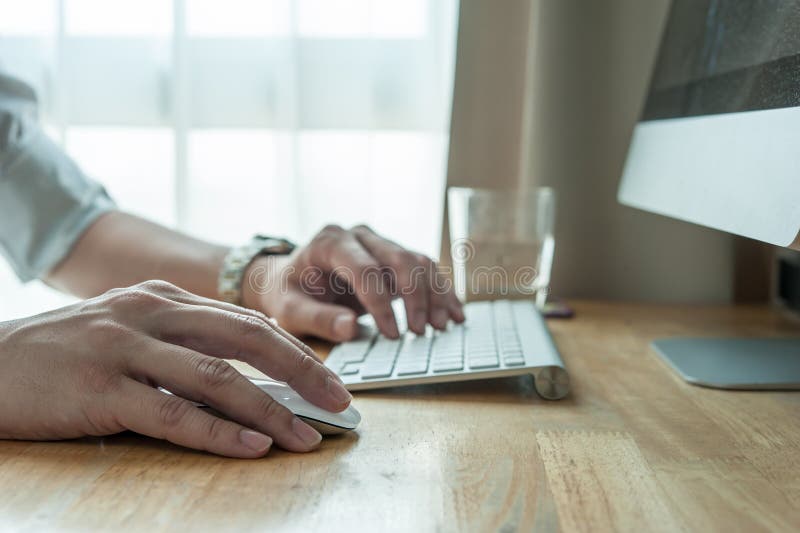 Man Using Desktop Pc Computer, Mobile Office Concept Stock Photo ...