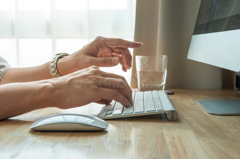 Man Using Desktop Pc Computer, Mobile Office Concept Stock Photo ...