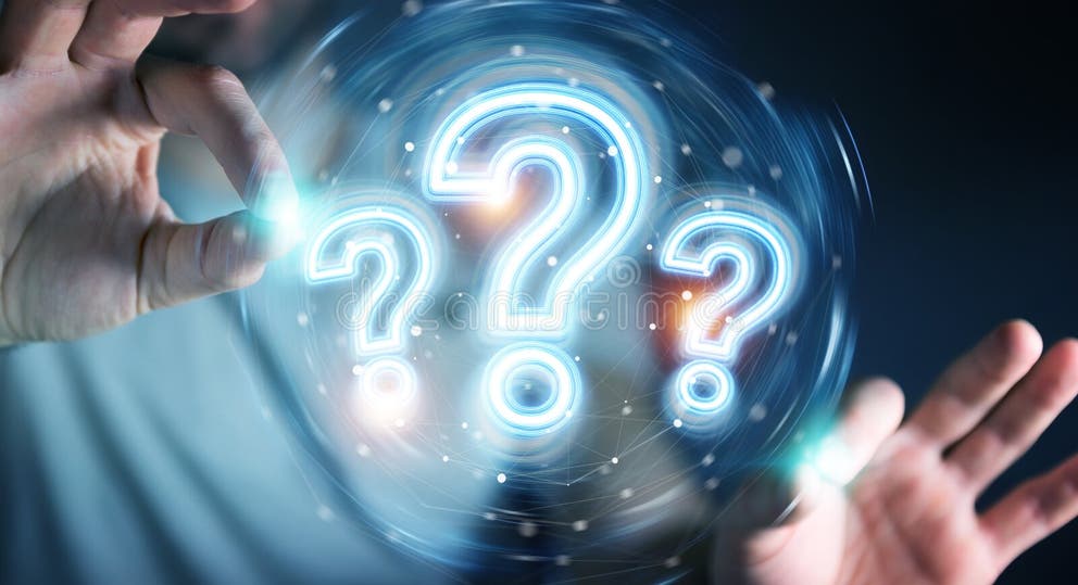 Man Using Digital Question Marks Holographic Interface 3D Rendering Stock Photo - Image of ...