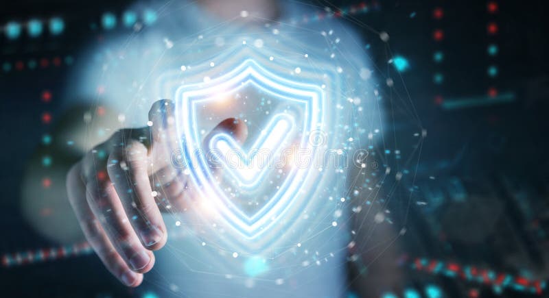 Man Using Digital Shield Protection Blue Holographic Interface 3D ...