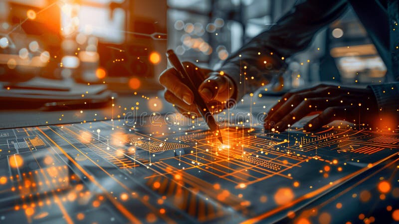 Man Using Digital Stylus To Draw on Futuristic Touch Screen Closeup ...