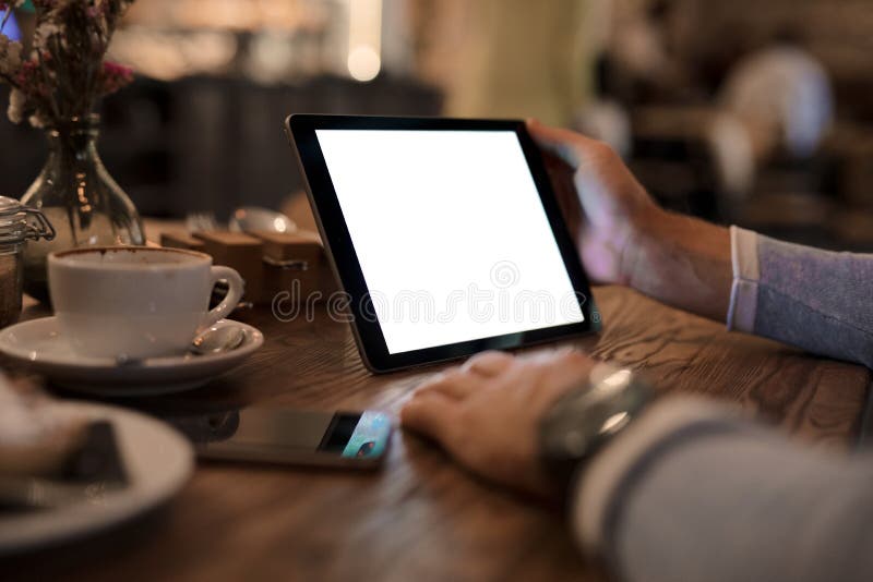 Man Using Digital Tablet in Cafe Stock Photo - Image of close, female ...