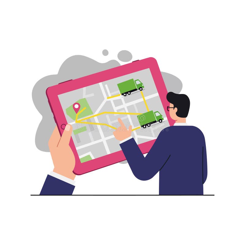 Man Using Digital Tablet with Delivery Trucks Tracking on Map Flat ...