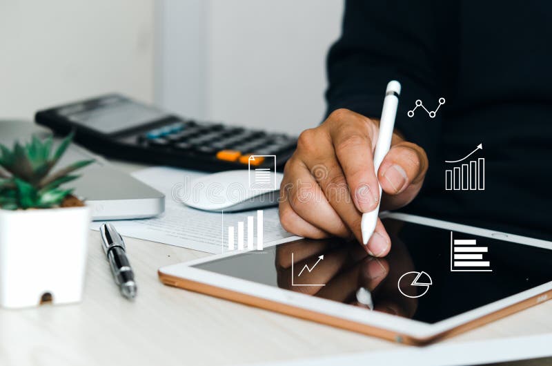 Man Using Digital Tablet or Work on Table, Icon Graph Business Concept ...