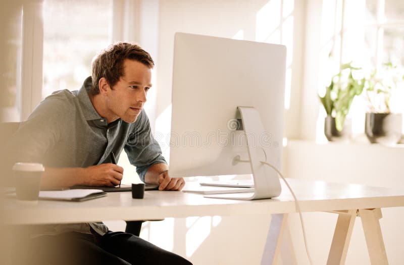 Man Using a Digitizer To Write Text in Computer Stock Photo - Image of ...