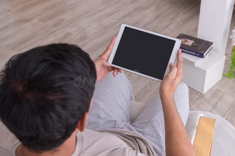Man Using Tablet for Tablet Application Mock Up Stock Photo - Image of ...