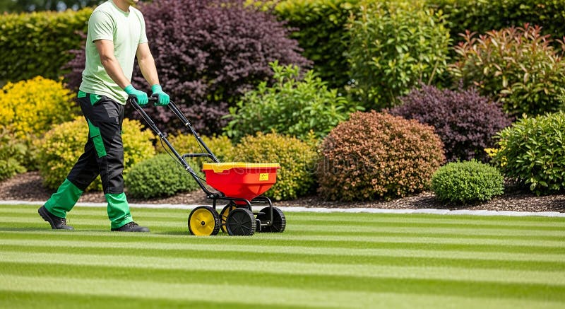 Man Using a Fertilizer Spreader To Apply Nutrients To a Lush Green Lawn ...