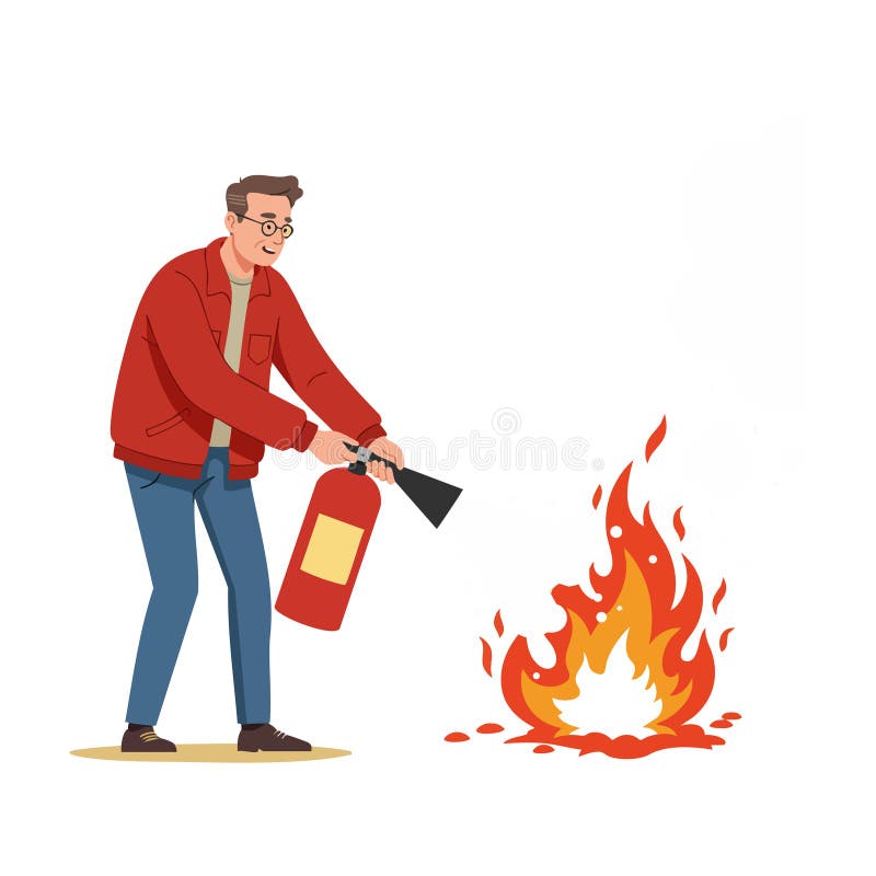 Man Using Fire Extinguisher To Put Out Flames Safety and Emergency Response Vector Illustration ...