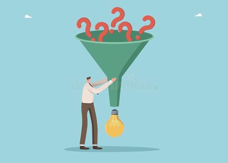 Man Using Funnel Makes Light Bulb with Question Marks Stock Vector ...