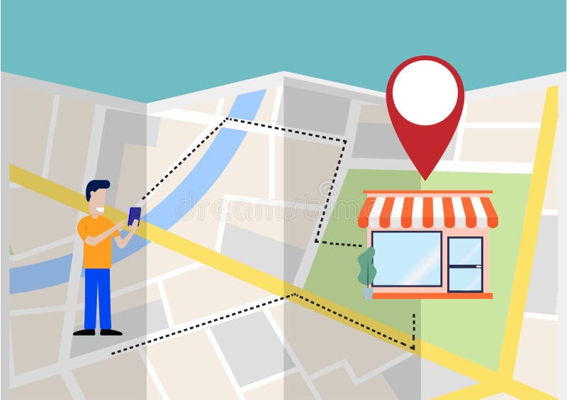 A Man Using GPS on Mobile Phone To Find the Shop on the Fold Map Stock ...