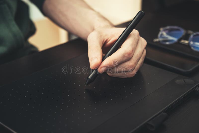 Man Using Graphic Tablet for Drawing Stock Image - Image of internet ...