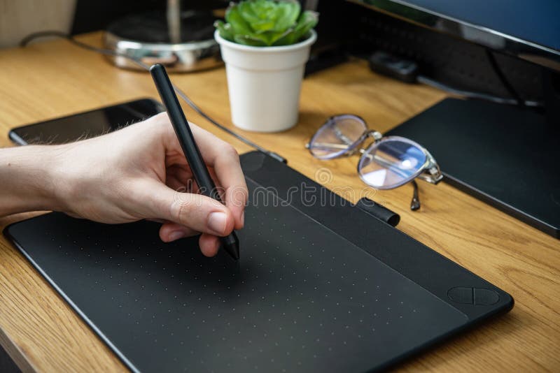 Man Using Graphic Tablet for Drawing Stock Image - Image of design ...