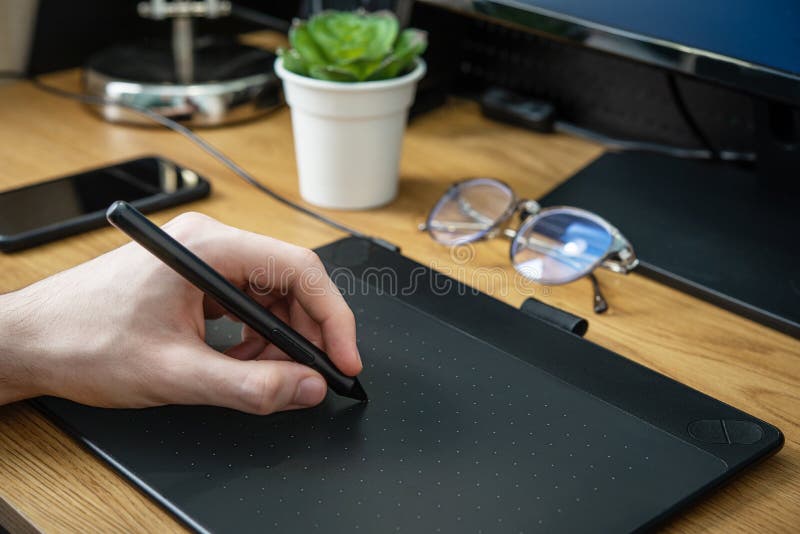 Man Using Graphic Tablet for Drawing Stock Image - Image of office ...