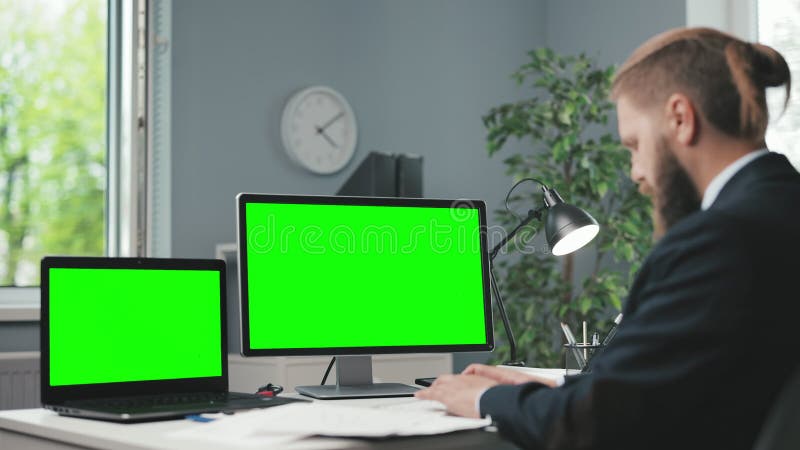 Man Using Green Screen Computers Stock Video - Video of workplace, desk ...