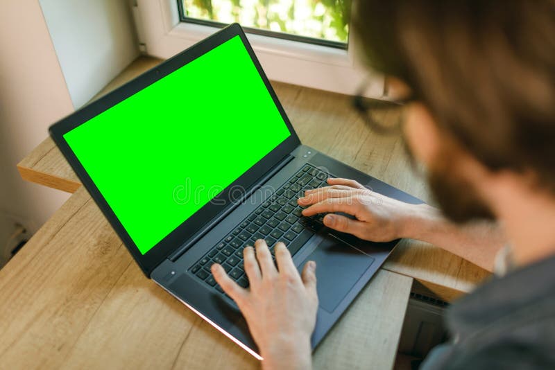 Man Using Green Screen Laptop Stock Photo - Image of screen, internet ...