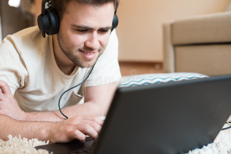 Man using headphones stock image. Image of call, modern - 52053989