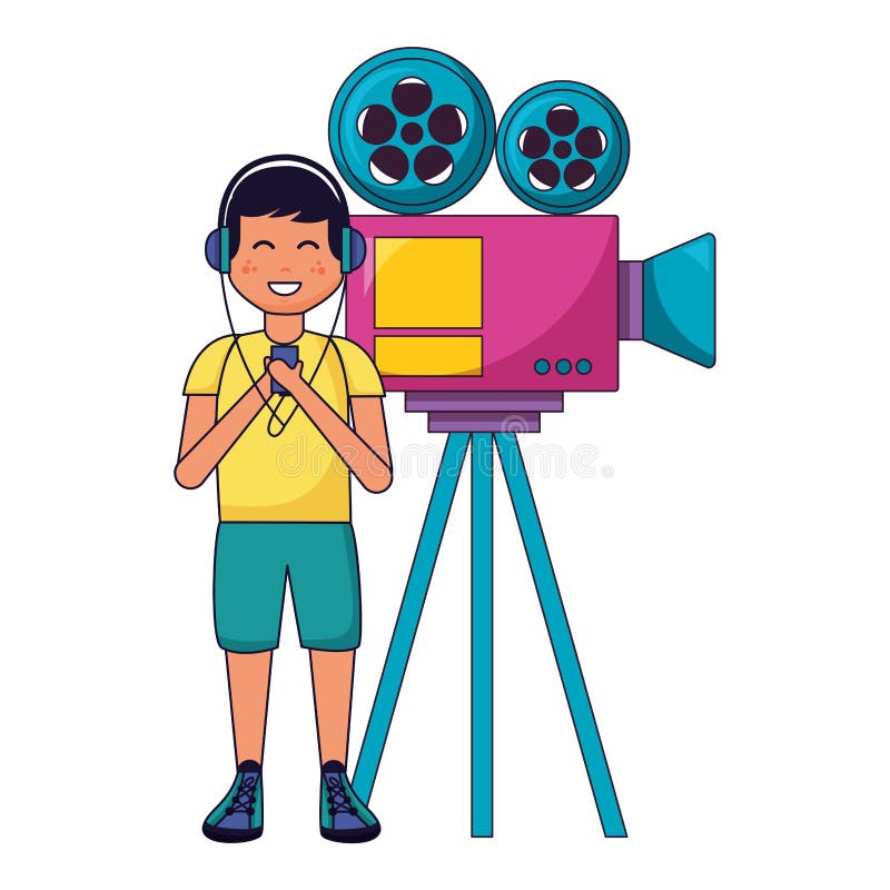 Man Using Headphones with Projector Camera Stock Illustration ...