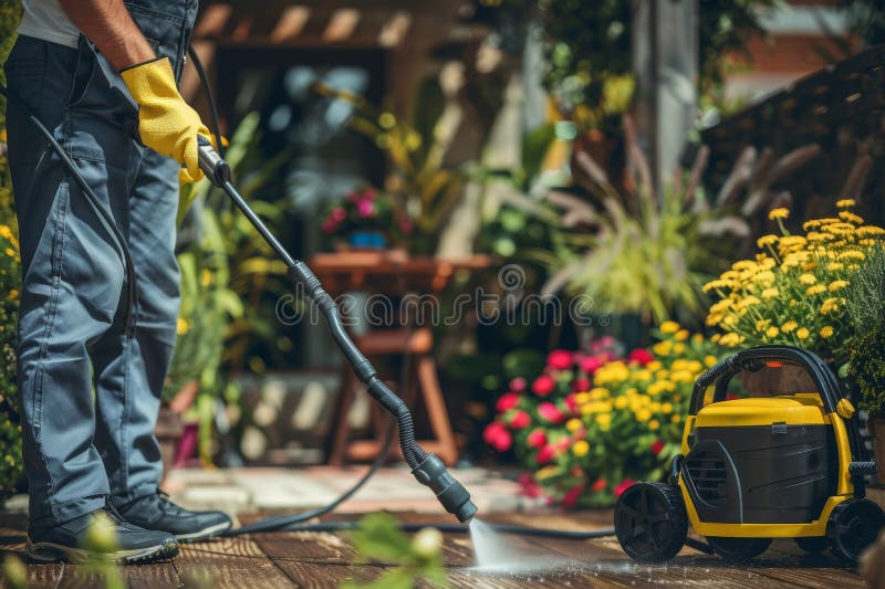 Man Using High Pressure Cleaner To Clean Terrace Wooden Floor Surface ...