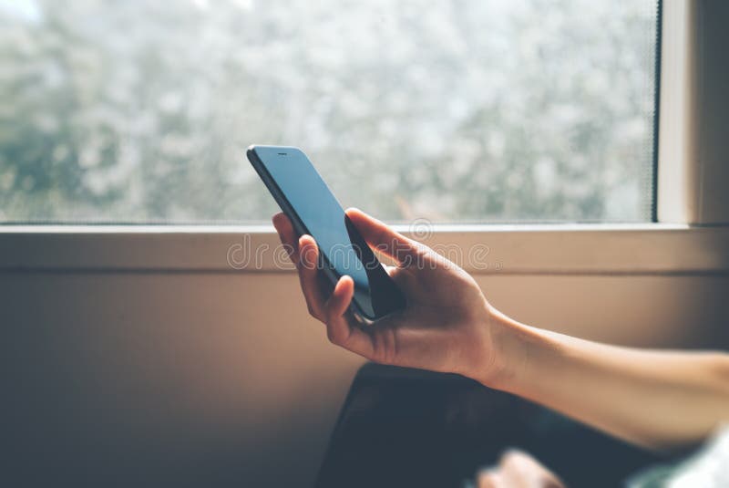 Man Using His Smartphone Close the Window Stock Image - Image of mobile ...