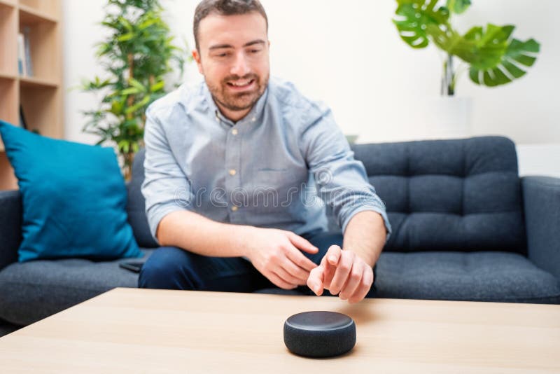 Man Using Home Assistant Bluetooth Speaker Stock Image - Image of ...