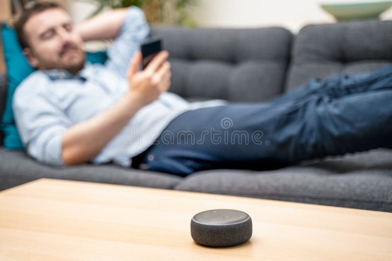 Man Using Home Assistant Bluetooth Speaker Stock Image - Image of ...
