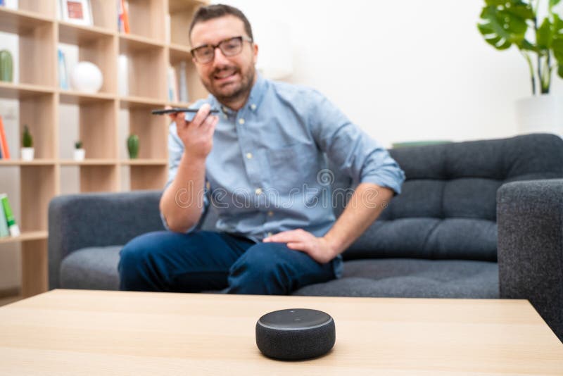 Man Using Home Assistant Bluetooth Speaker Stock Image - Image of ...