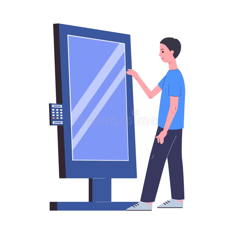 Man Using Interactive Kiosk Stand with Display Flat Vector Illustration ...