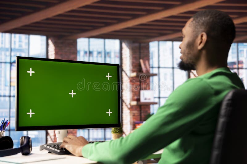 Man Using Isolated Screen PC in Home Office To Write Emails Stock Image ...