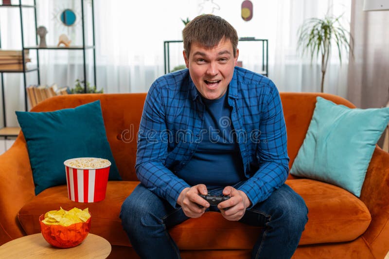 Man Using Joystick Controller Playing Console Online Video Game Fun ...