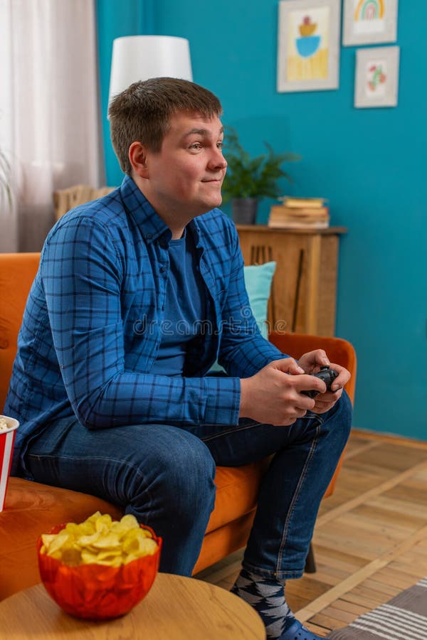 Man Using Joystick Controller Playing Console Online Video Game Fun ...