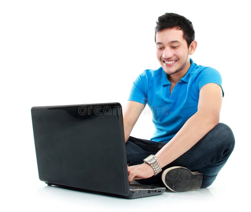 Attractive Young Man Pointing To Laptop Screen Stock Photo - Image of ...