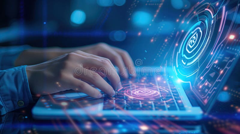 Man Using Laptop with Abstract Futuristic Electronic Circuit Technology ...