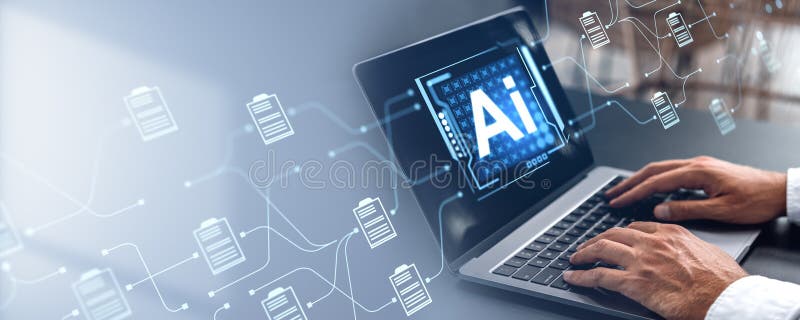 Man Using Laptop, AI Document Management System Hologram Hud Stock ...