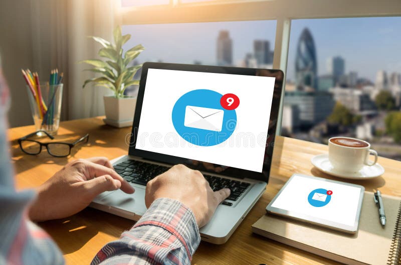 Man Using Laptop with Blank Screen See Email Icon Stock Image - Image ...