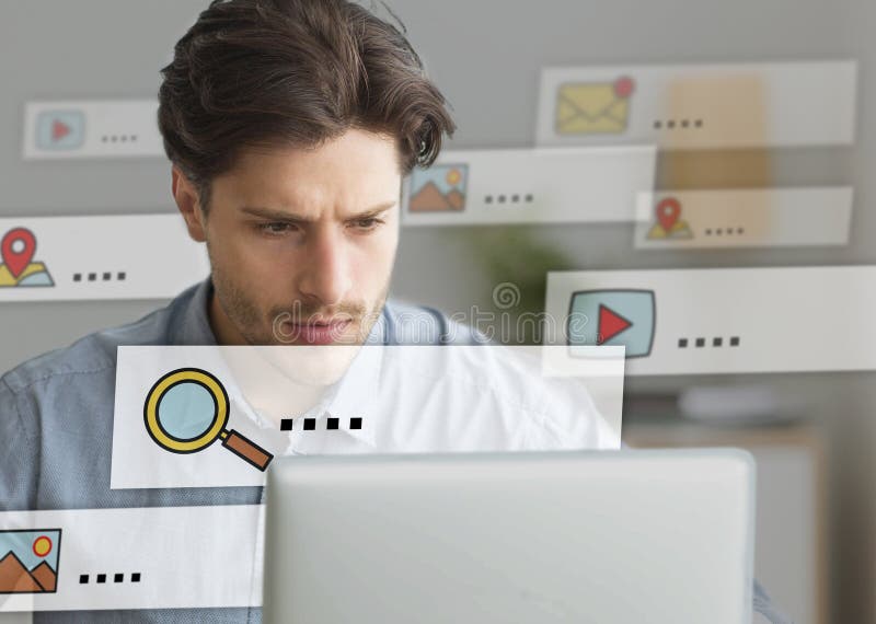 Man Using Laptop Browsing Internet Working Sitting in Office, Collage ... Man Using Laptop Browsing Internet Working Sitting in Office, Collage ...