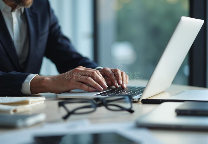 Man Using Laptop. Businessman Working on Computer in Modern Office ...