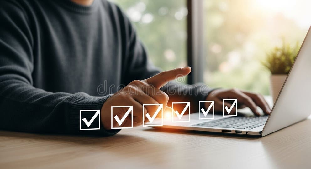 Man Using Laptop with Checklist Overlay for Task Management and ...