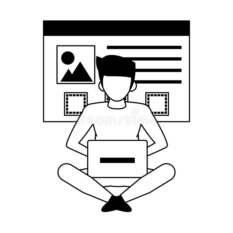 Man Using Laptop Computer Cartoon in Black and White Stock Vector ...