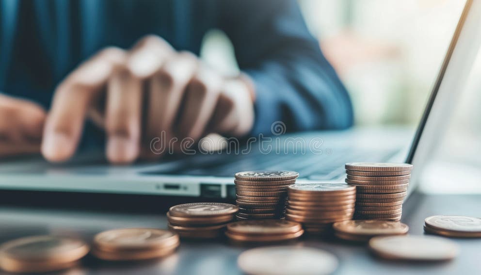 Man Using Laptop Computer and Coins on Bank Technology on Modern ...