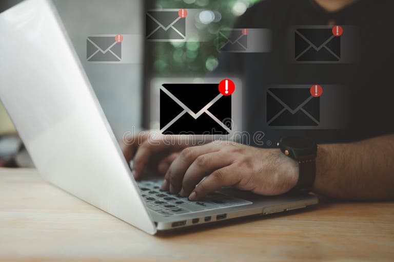 Man Using Laptop Computer for Email with Notification Alert Virtual ...
