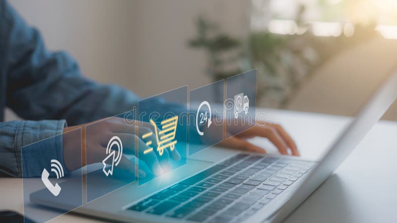 A Man Using a Laptop Computer with a Shopping Cart and Business Icon ...