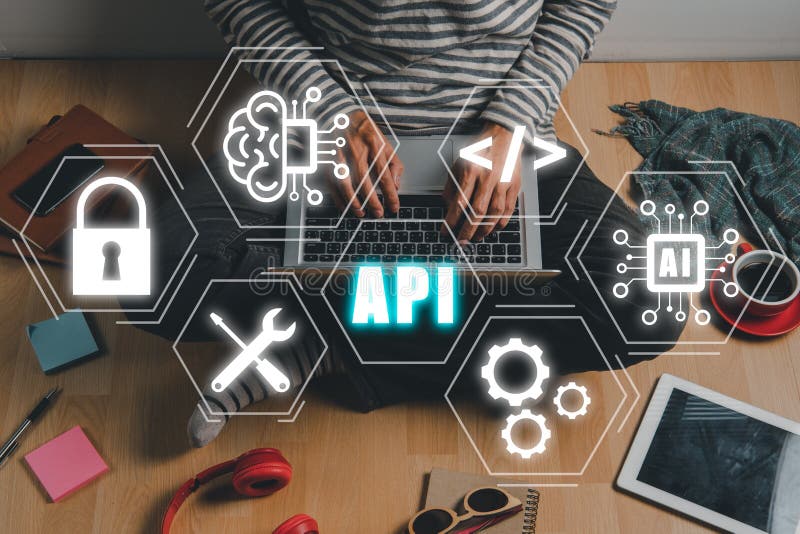 API - Application Programming Interface, Man Using Laptop Computer with Touch Screen Interface ...