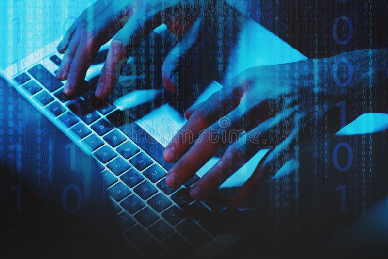 A Man Using a Laptop Computer Under Blue Light Stock Photo - Image of ...