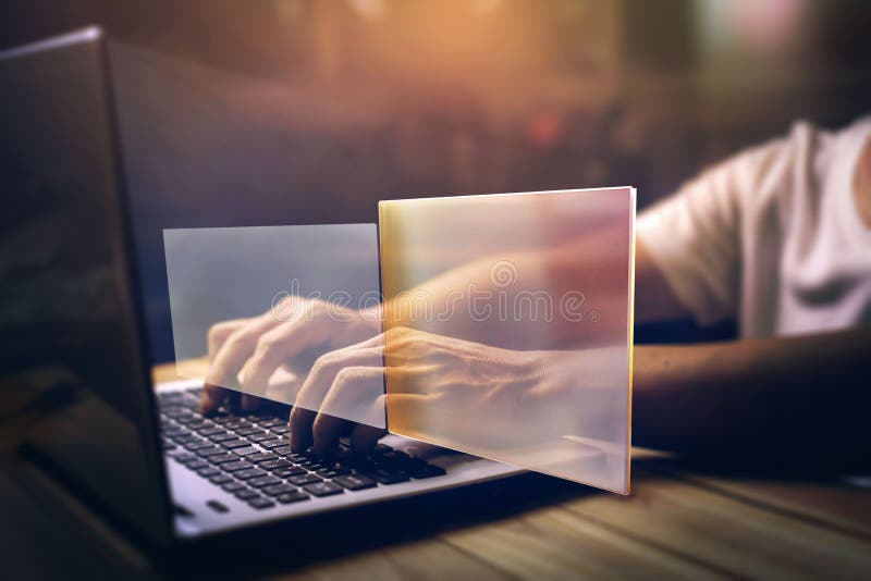 Man Using Laptop Computer with Virtual Screen Global Network Connection ...