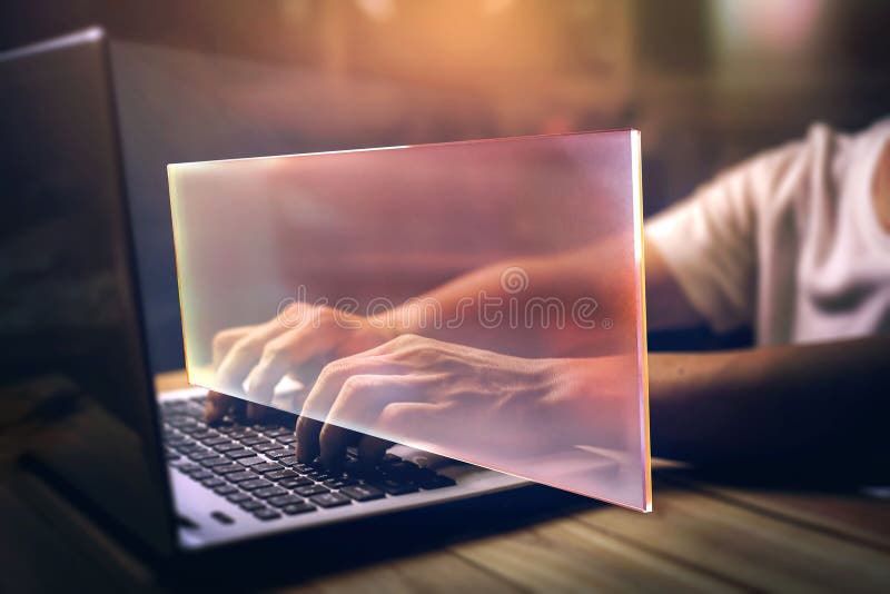 Man Using Laptop Computer with Virtual Screen Global Network Connection ...