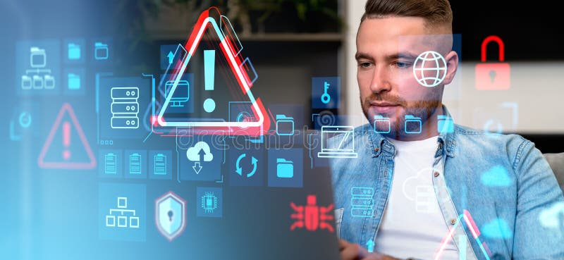 Man Using Laptop, Cybersecurity and Big Data Server Protection Stock ...