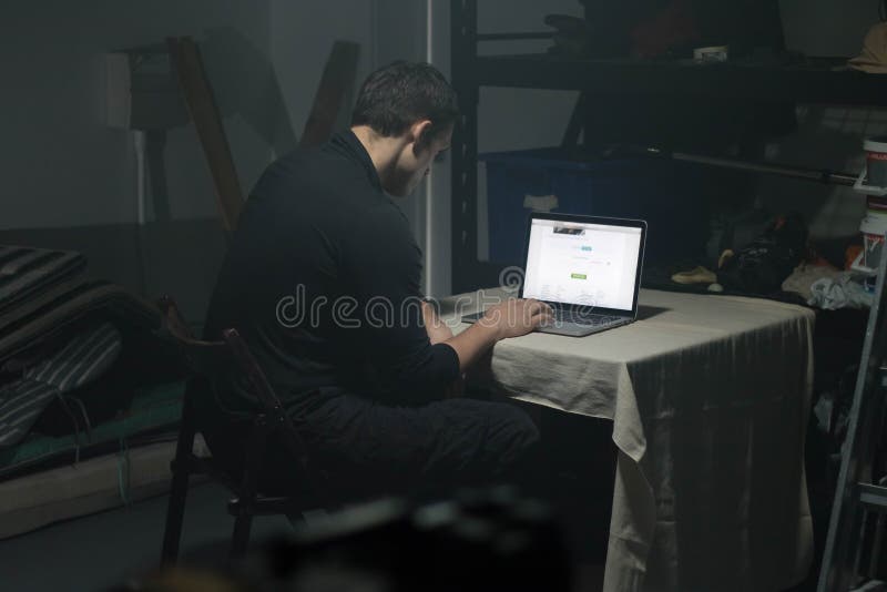 Man Using Laptop in Dark Room. Stock Image - Image of programmer, black ...